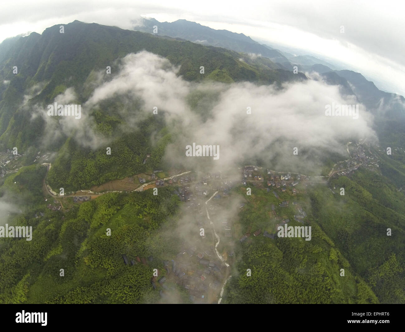 Aerial view of Miaoyuan village landscape in Jiuhua town, Quzhou city ...