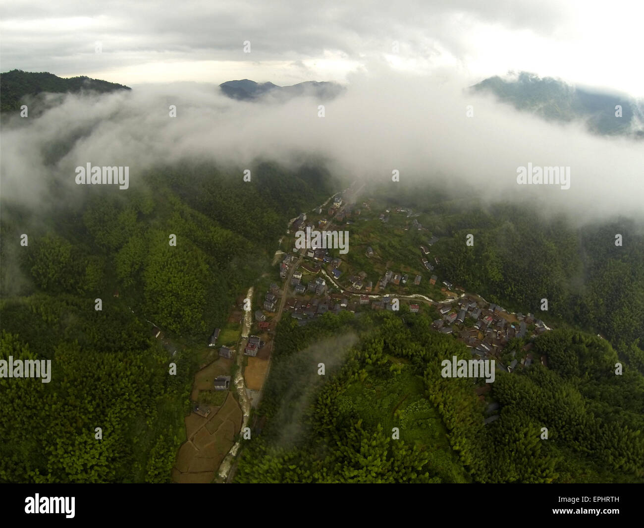 Aerial view of Miaoyuan village landscape in Jiuhua town, Quzhou city ...
