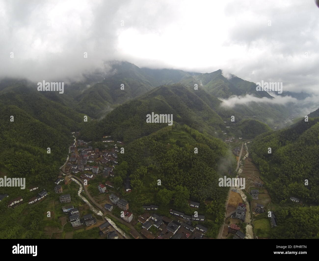 Aerial view of Miaoyuan village landscape in Jiuhua town, Quzhou city ...
