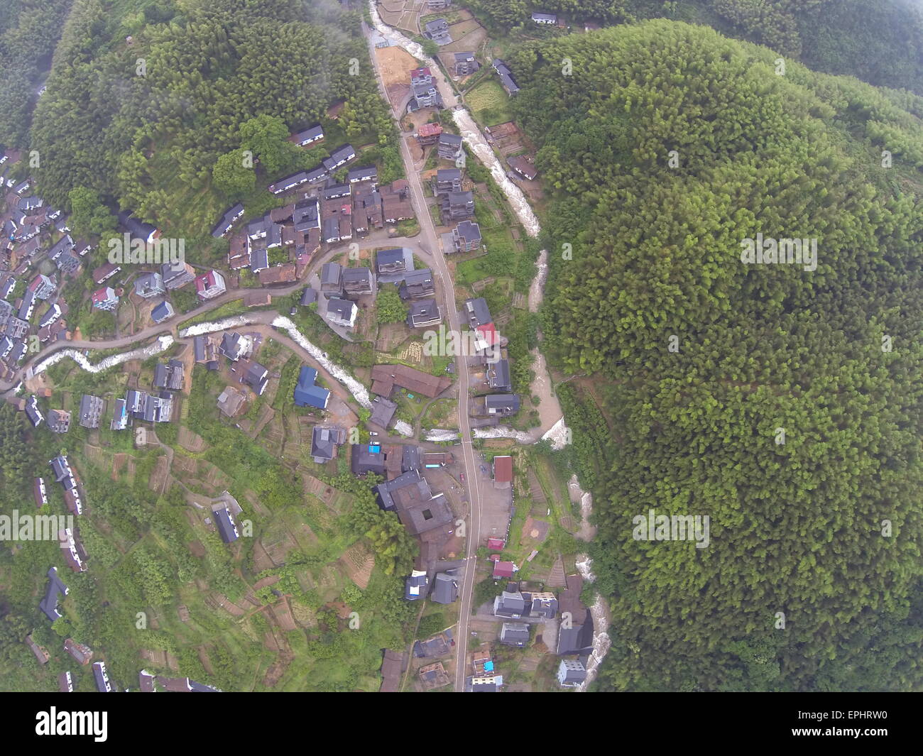 Aerial view of Miaoyuan village landscape in Jiuhua town, Quzhou city ...