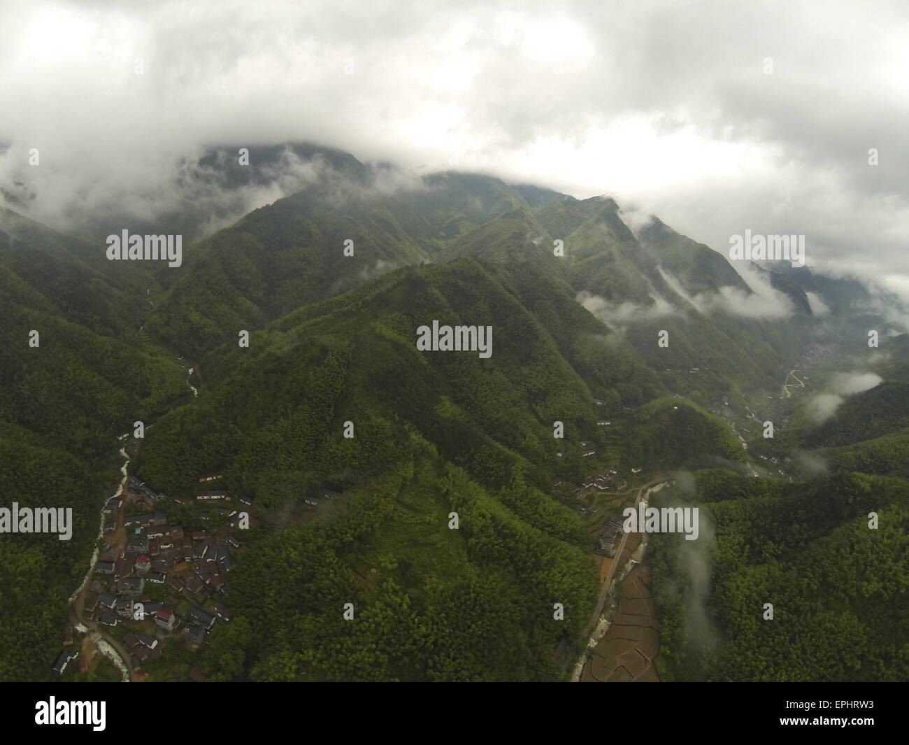 Aerial view of Miaoyuan village landscape in Jiuhua town, Quzhou city ...