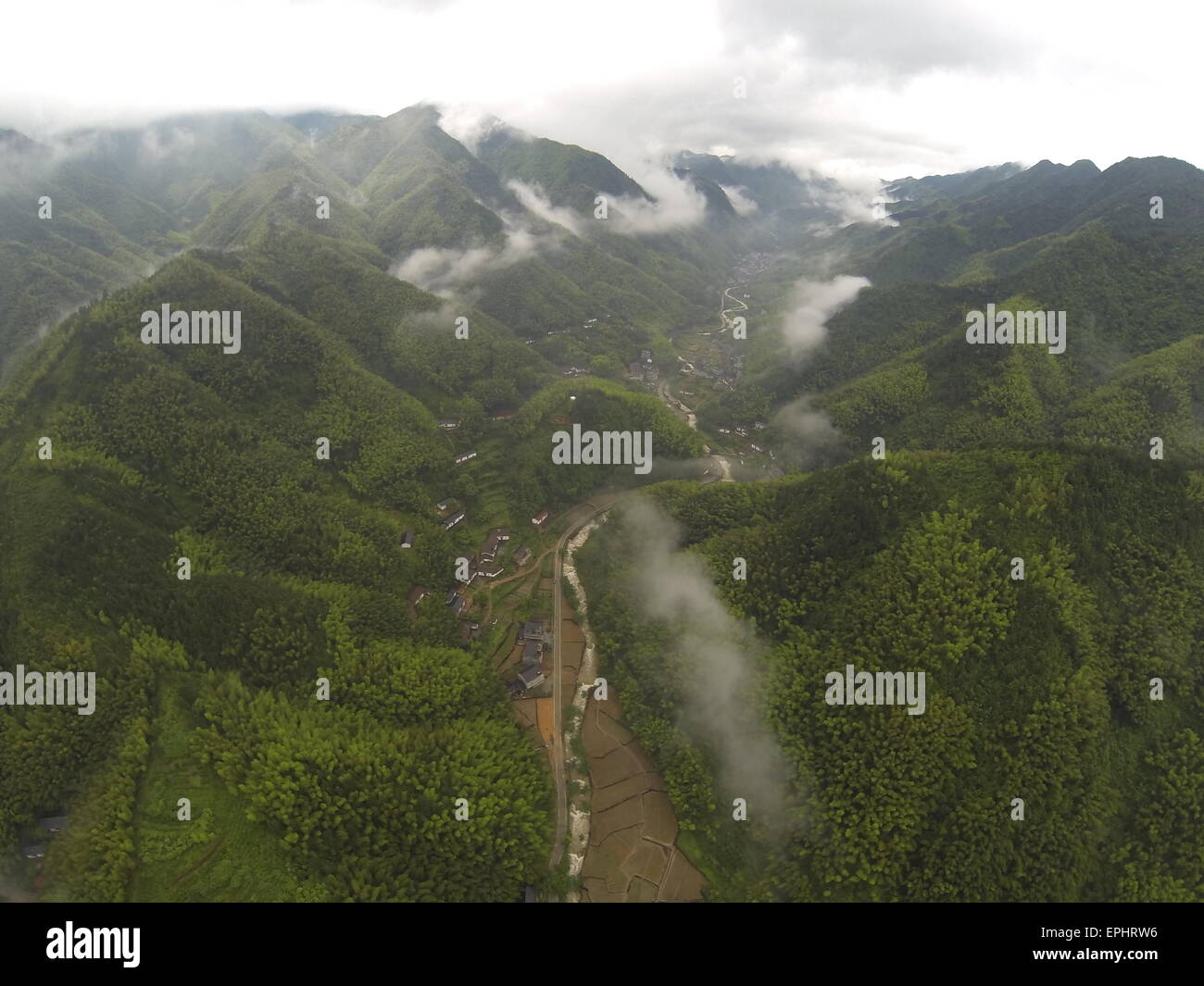 Aerial view of Miaoyuan village landscape in Jiuhua town, Quzhou city ...