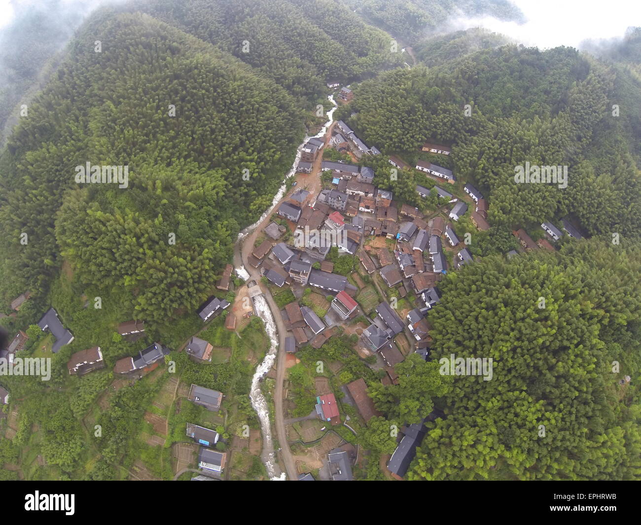 Aerial view of Miaoyuan village landscape in Jiuhua town, Quzhou city ...