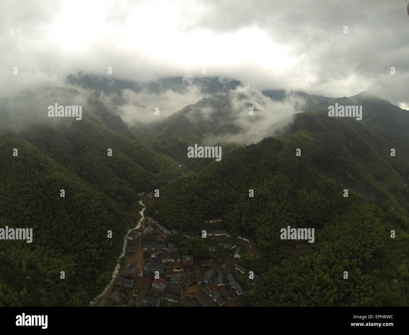Aerial view of Miaoyuan village landscape in Jiuhua town, Quzhou city ...
