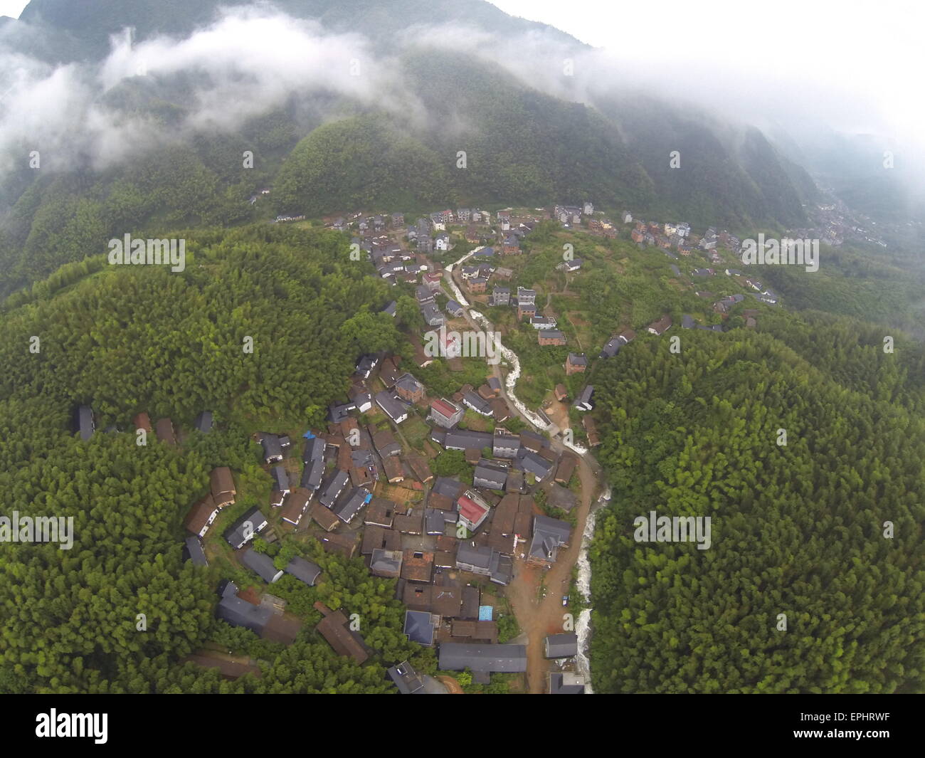 Aerial view of Miaoyuan village landscape in Jiuhua town, Quzhou city ...