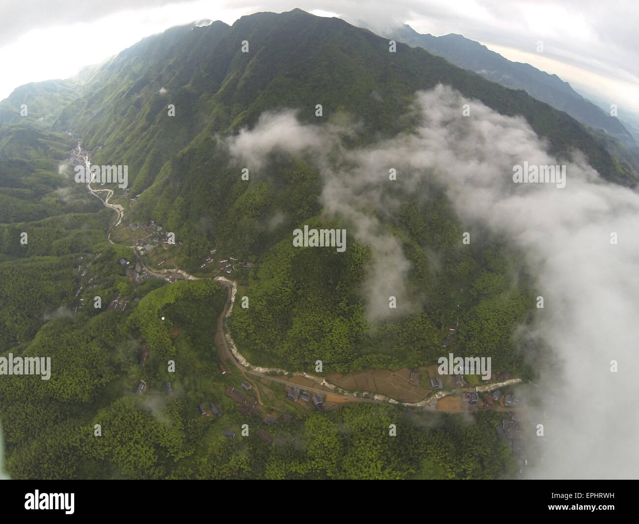 Aerial view of Miaoyuan village landscape in Jiuhua town, Quzhou city ...
