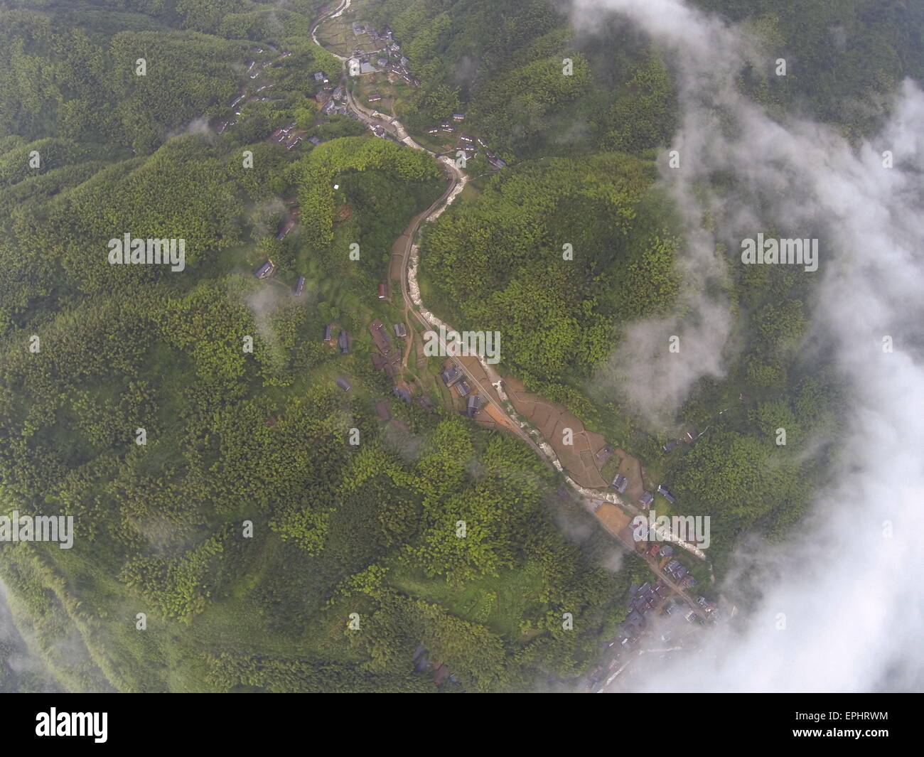 Aerial view of Miaoyuan village landscape in Jiuhua town, Quzhou city ...