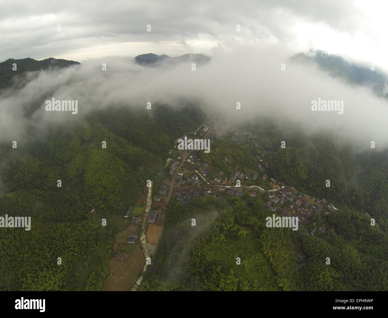 Aerial view of Miaoyuan village landscape in Jiuhua town, Quzhou city ...