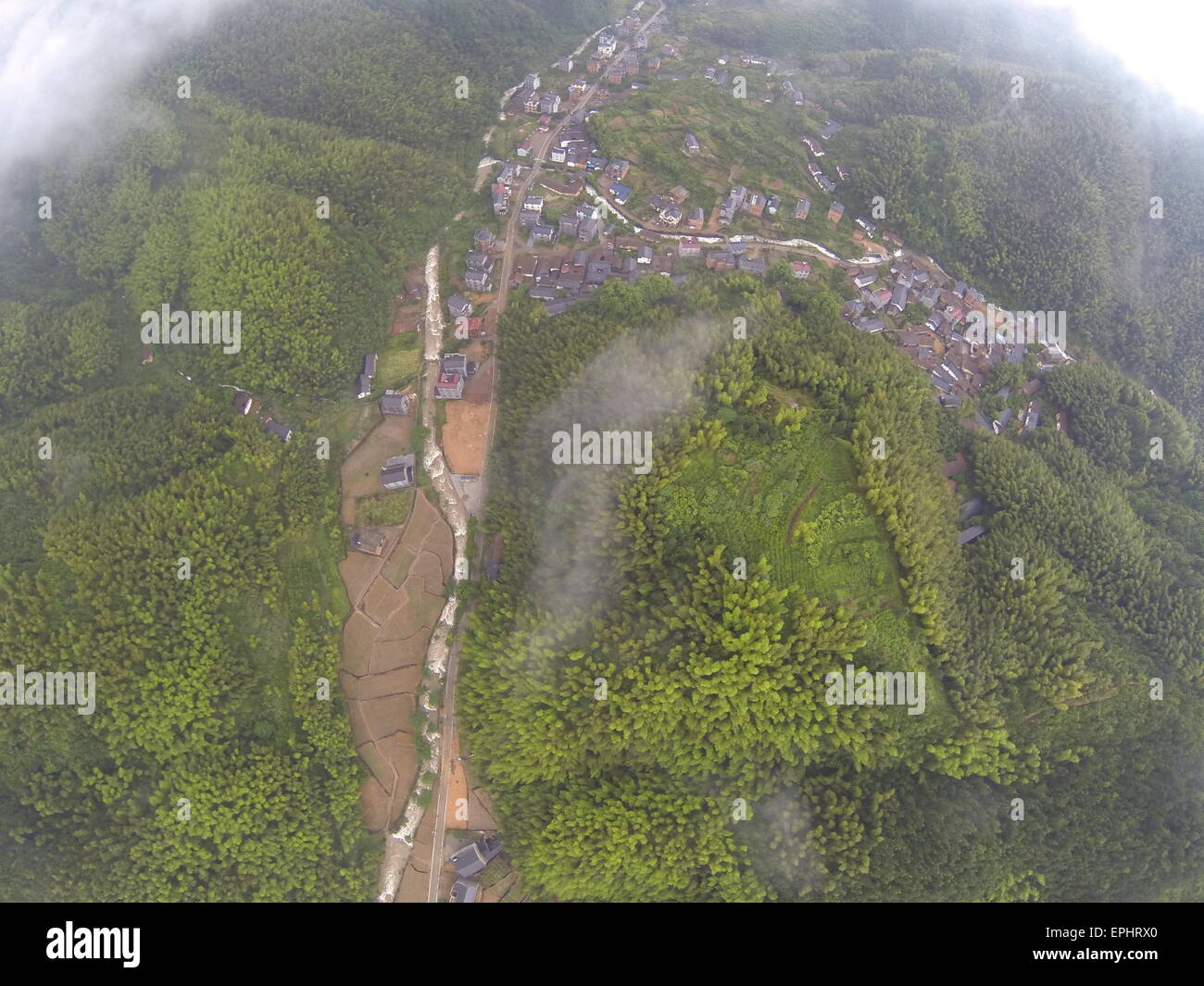 Aerial view of Miaoyuan village landscape in Jiuhua town, Quzhou city ...