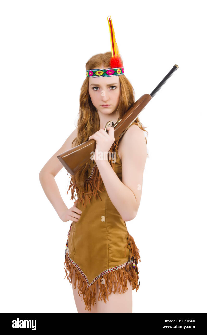 Indian woman with rifle on white Stock Photo - Alamy