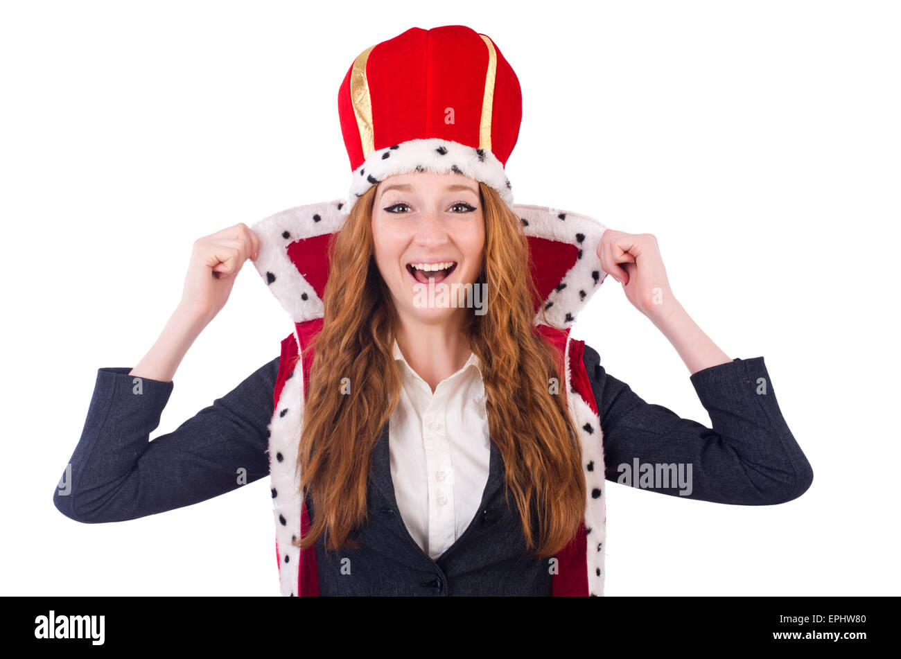 Woman business posing as queen isolated on white Stock Photo - Alamy