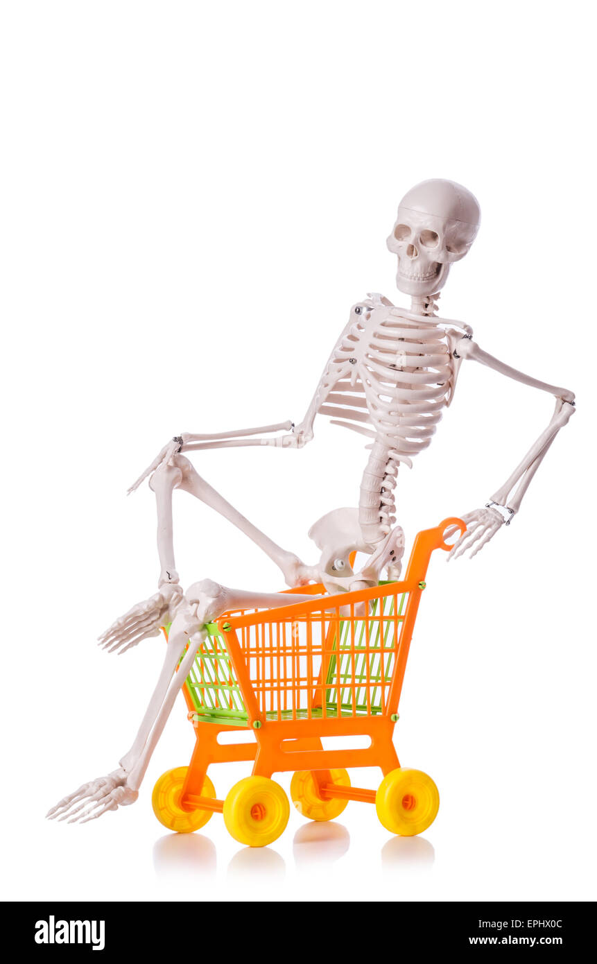 Skeleton with shopping cart trolley isolated on white Stock Photo - Alamy