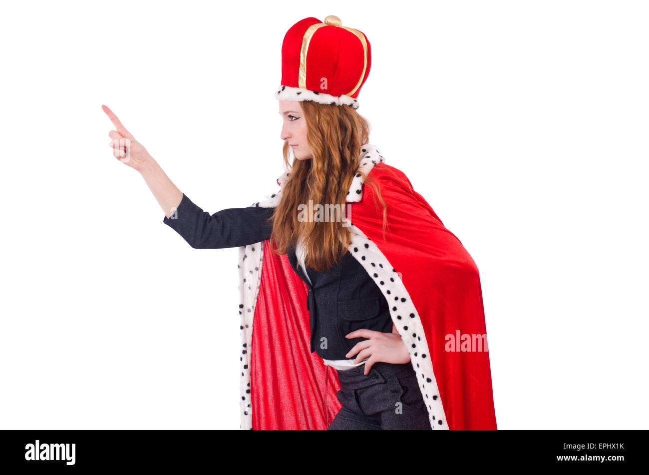Woman businesswoman posing as queen isolated on white Stock Photo - Alamy