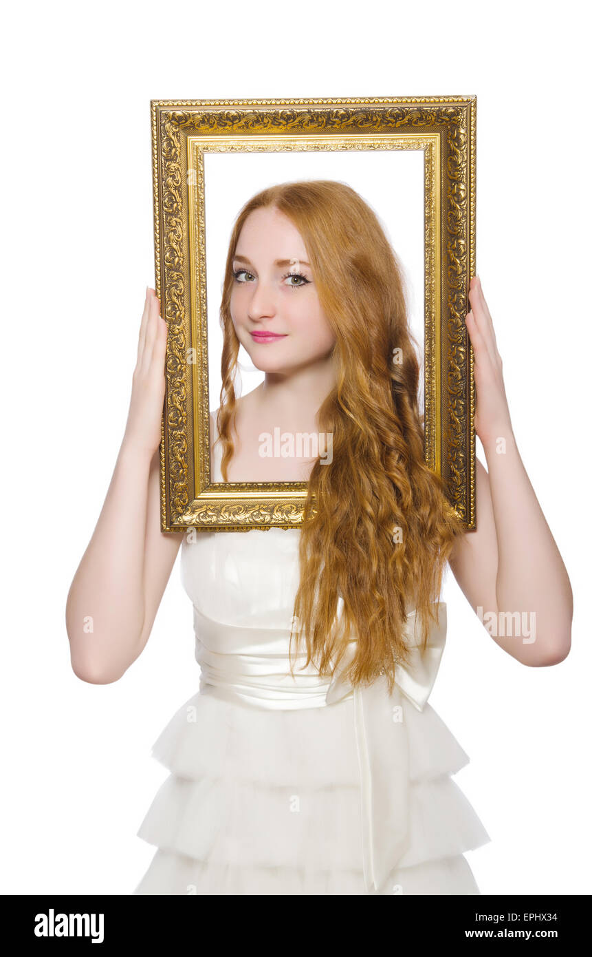 Woman holding picture frame isolated on white Stock Photo - Alamy