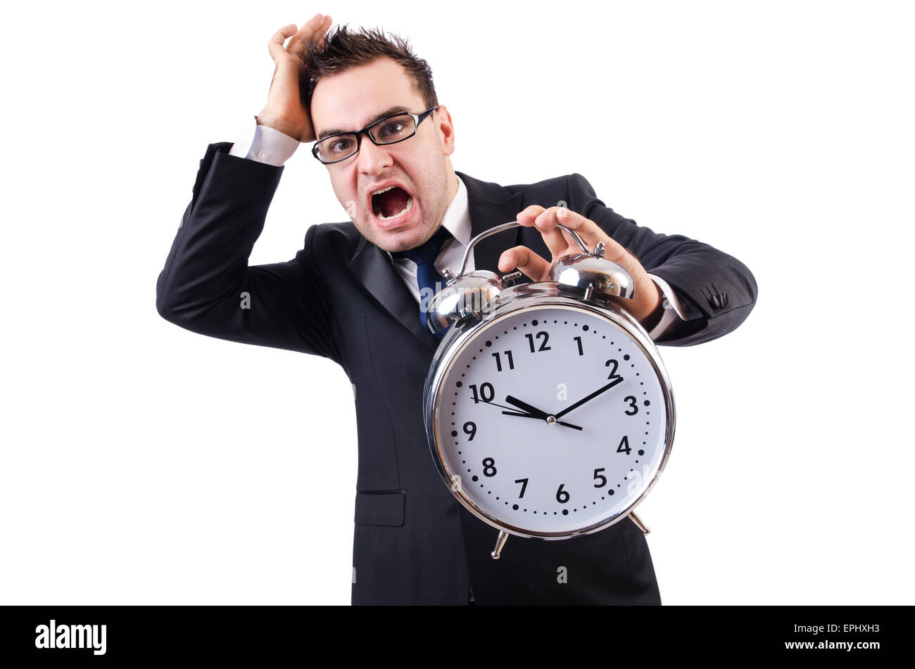Man with alarm clock isolated on white Stock Photo - Alamy