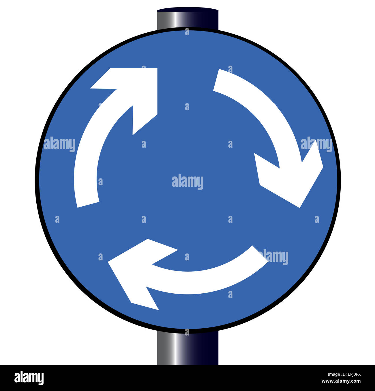 A large round blue traffic sign displaying traffic island arrows Stock ...