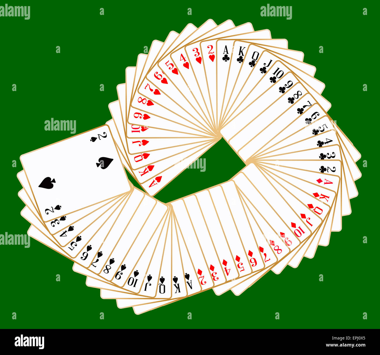 The complete fifty two cards in the pack on a green background Stock ...