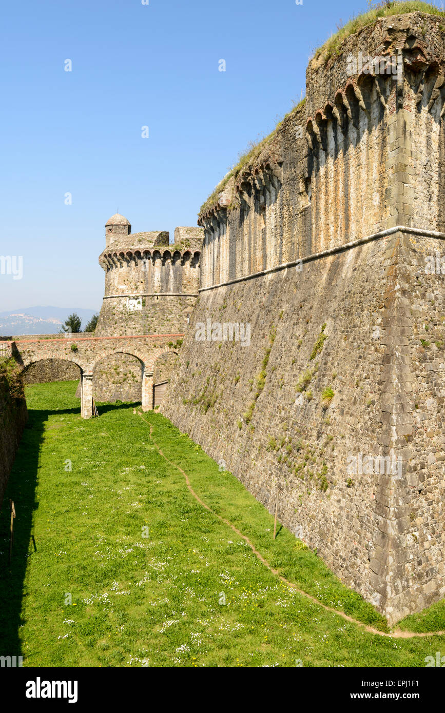 view of stone bridge on ancient Castle dry moat, shot on a sunny spring ...