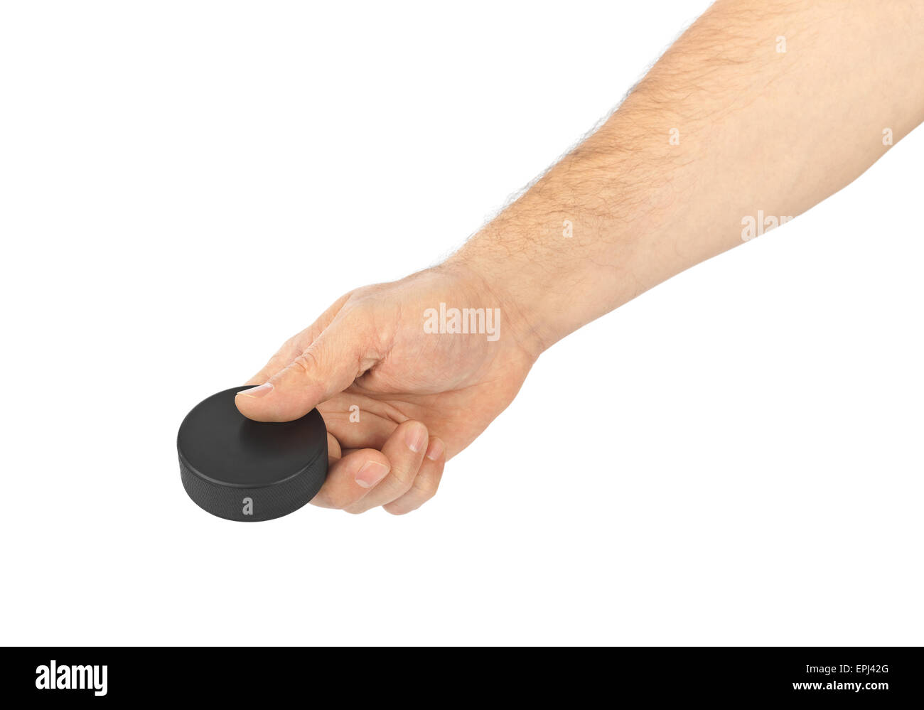 Hand with hockey puck Stock Photo - Alamy