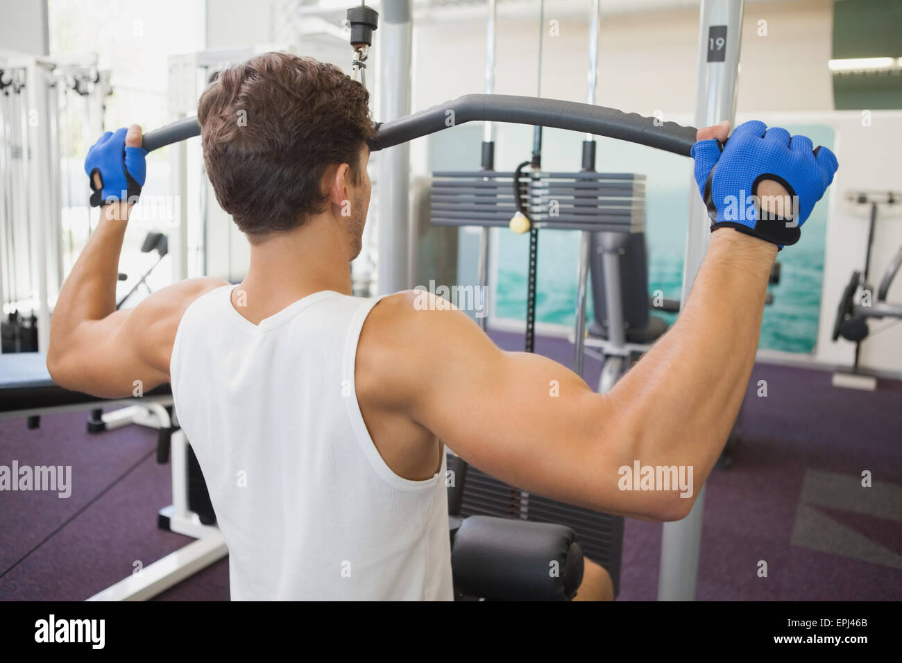 Fit man using weights machine for arms Stock Photo - Alamy