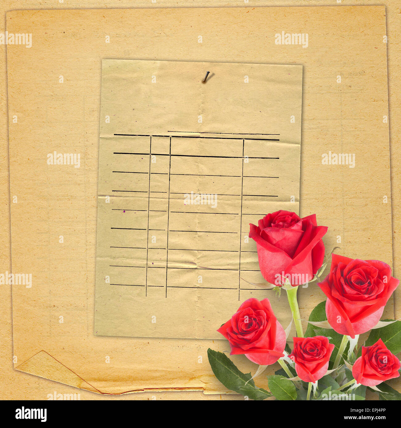 Old vintage card with a beautiful red rose on paper background Stock ...