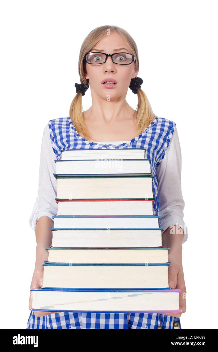 Funny student with stack of books Stock Photo - Alamy