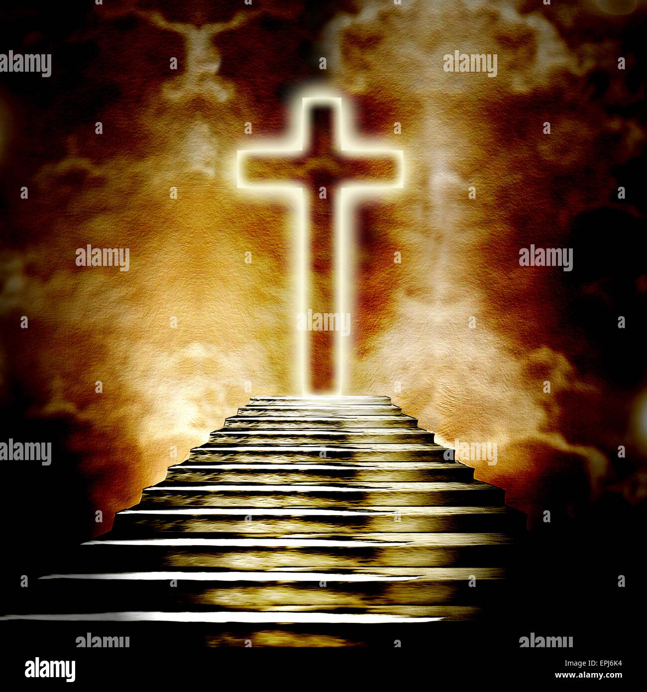 Glowing holy cross and staircase leading to heaven or hell Stock Photo ...
