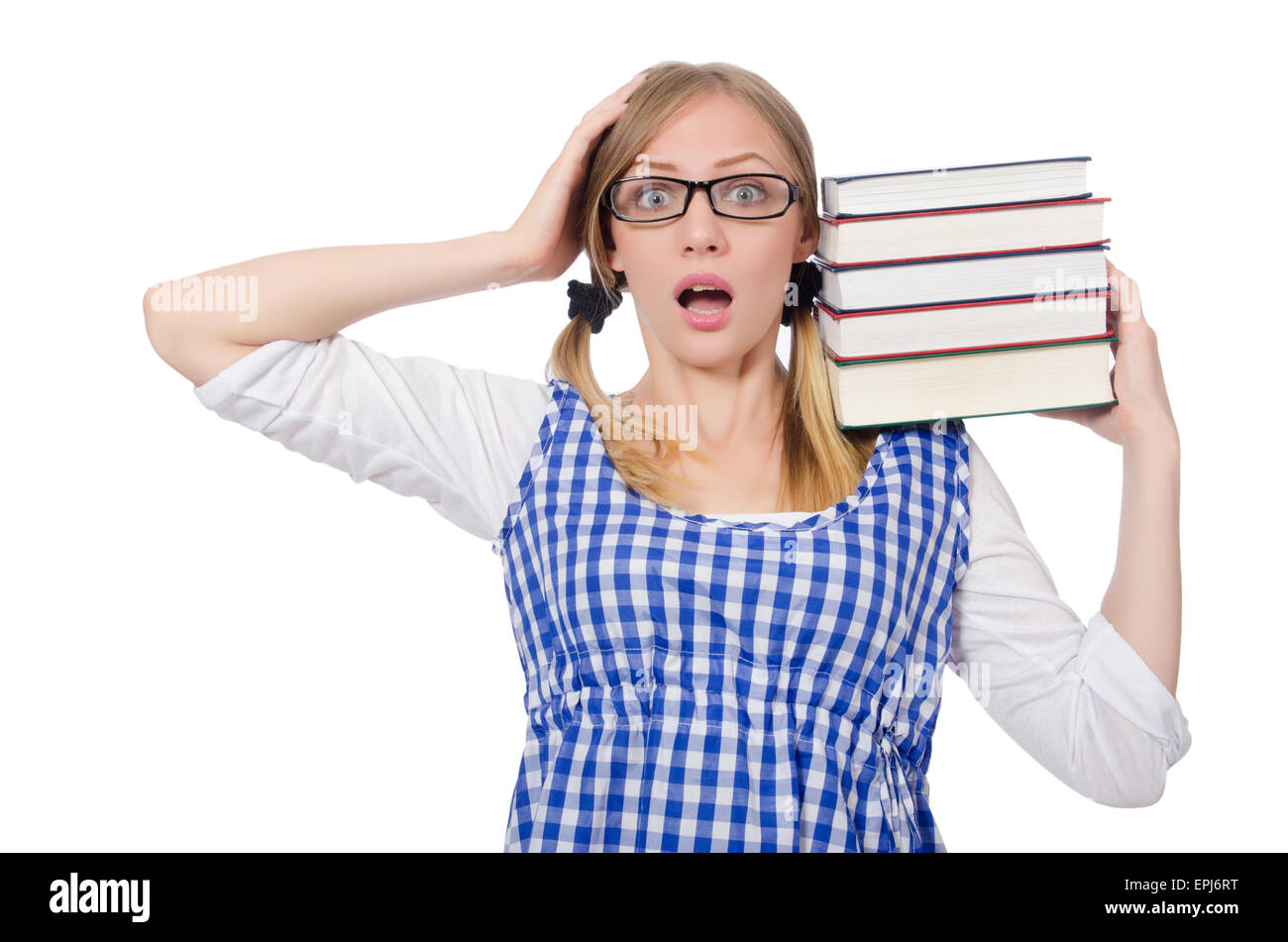 Funny student with stack of books Stock Photo - Alamy