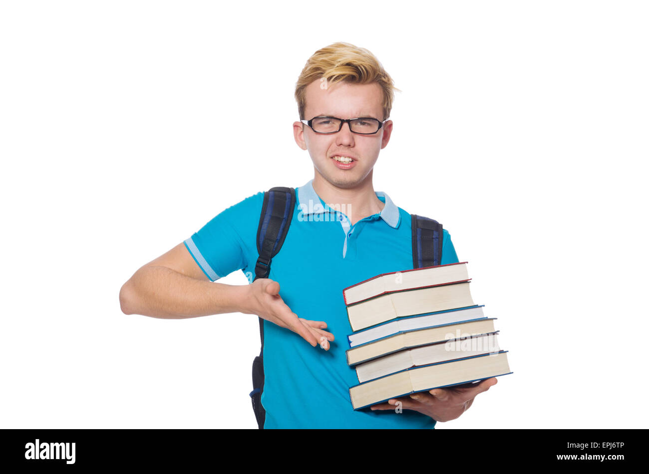 Angry student with books isolated on white Stock Photo - Alamy