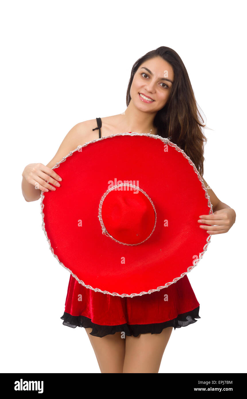 Woman wearing red sombrero isolated on white Stock Photo - Alamy