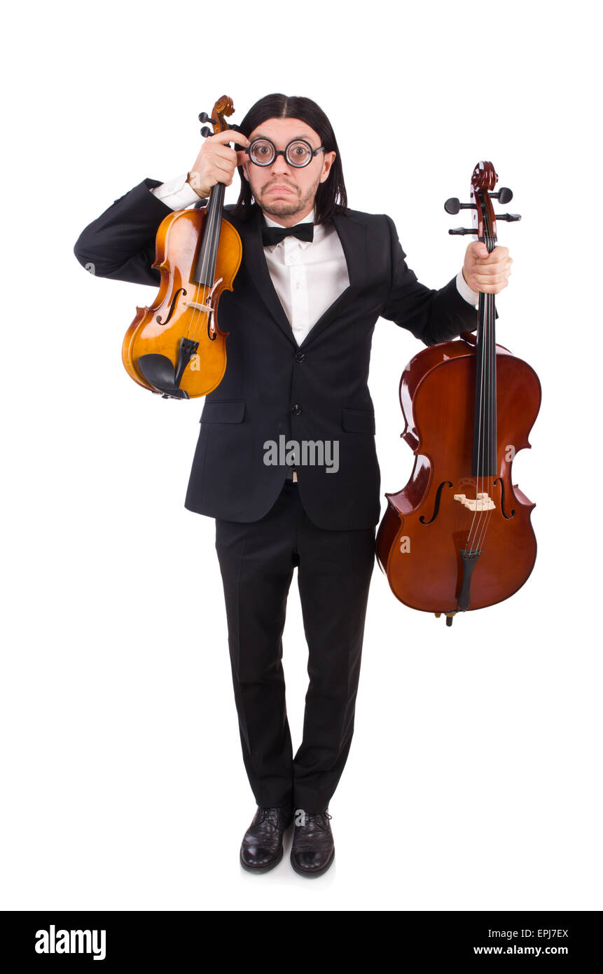 Funny man with music instrument on white Stock Photo - Alamy