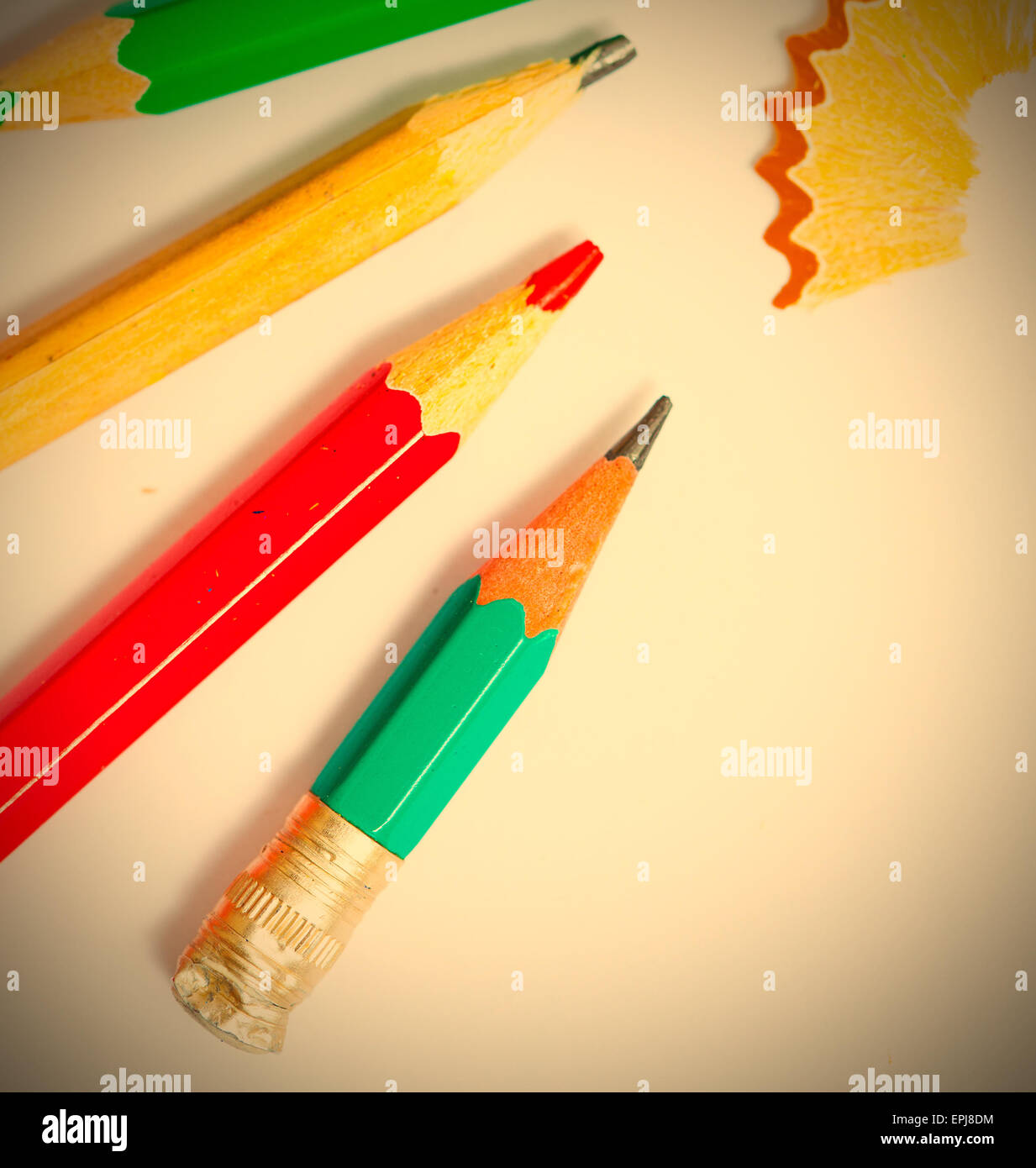 set of vintage colored pencils with chips Stock Photo - Alamy