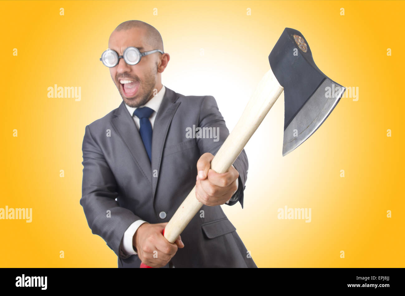 Funny businessman with axe on white Stock Photo - Alamy