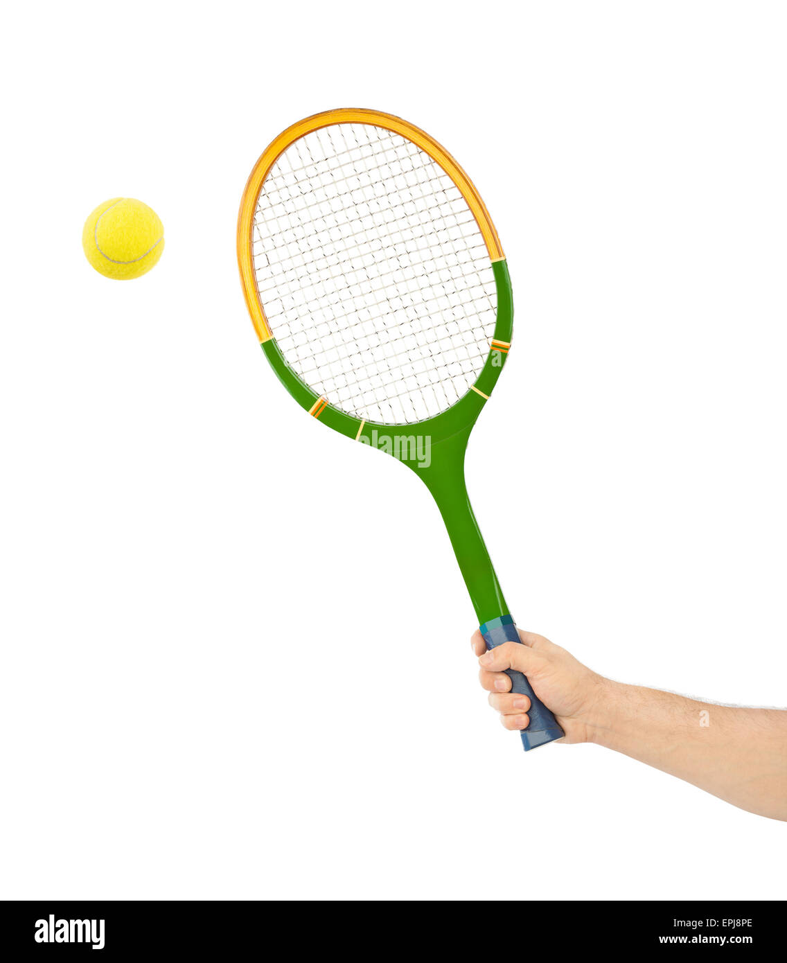 Hand with tennis racket and ball Stock Photo - Alamy