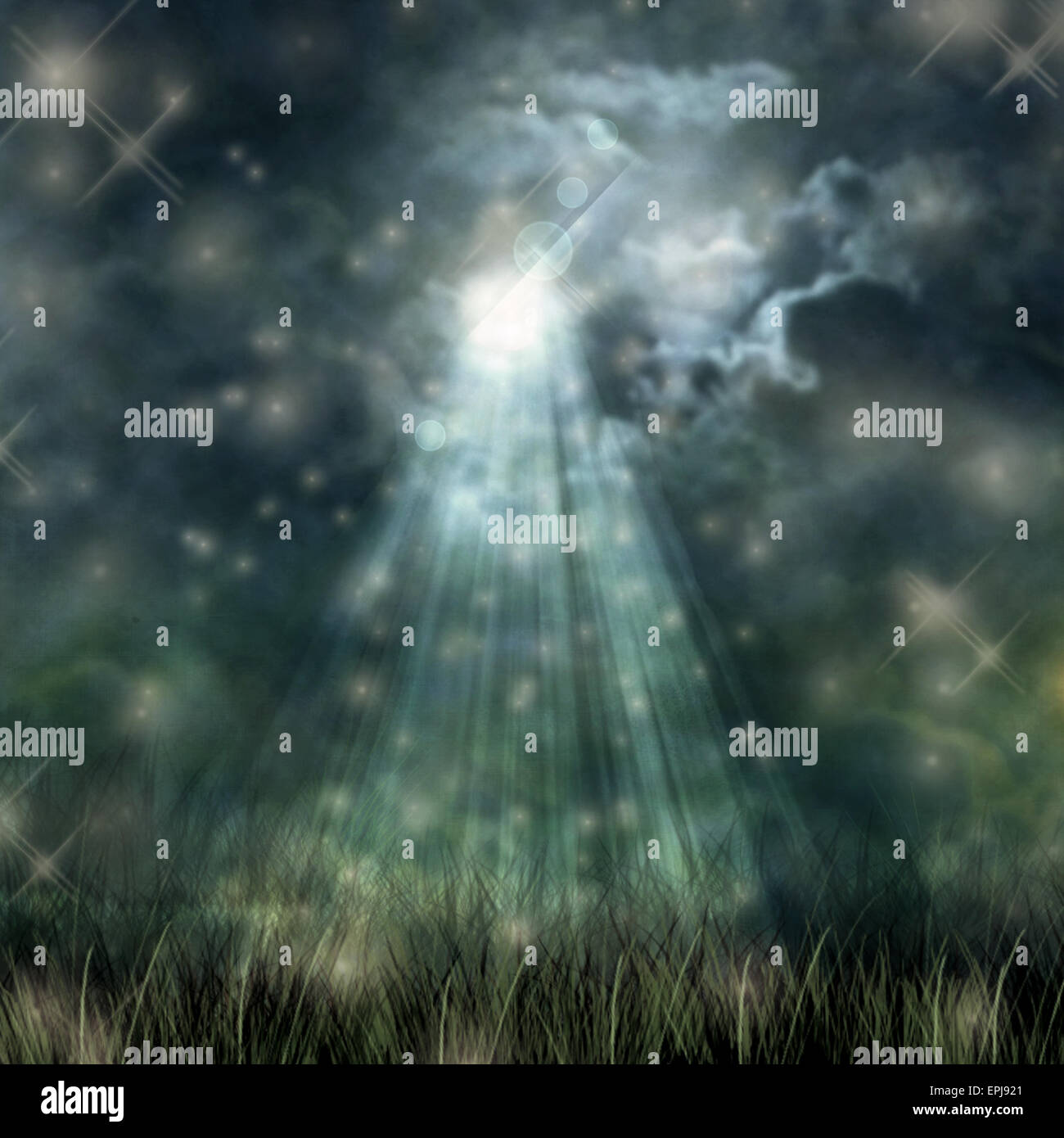 Mystical moonlight flowing from the dark sky to the ground Stock Photo ...