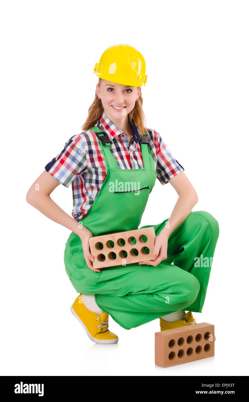 Woman with bricks isolated on white Stock Photo - Alamy