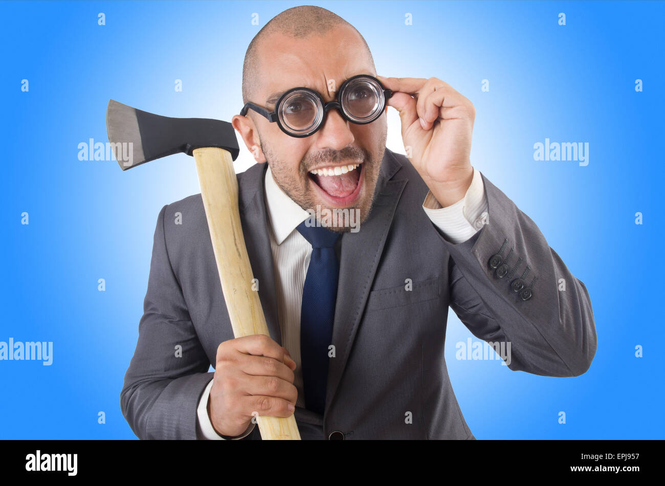 Funny businessman with axe on white Stock Photo - Alamy