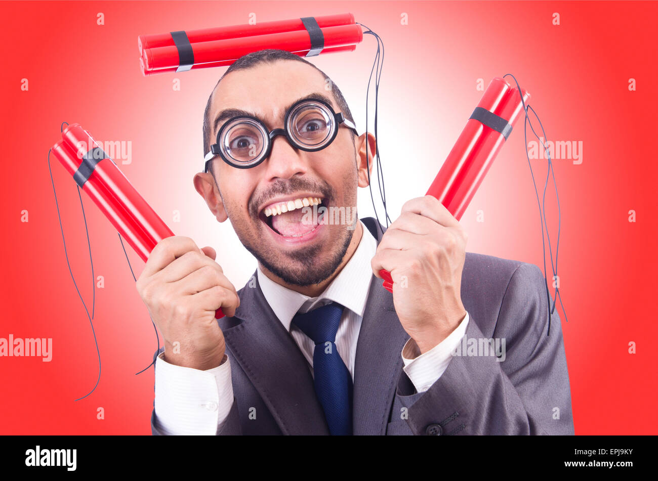 Businessman with dynamite isolated on white Stock Photo - Alamy