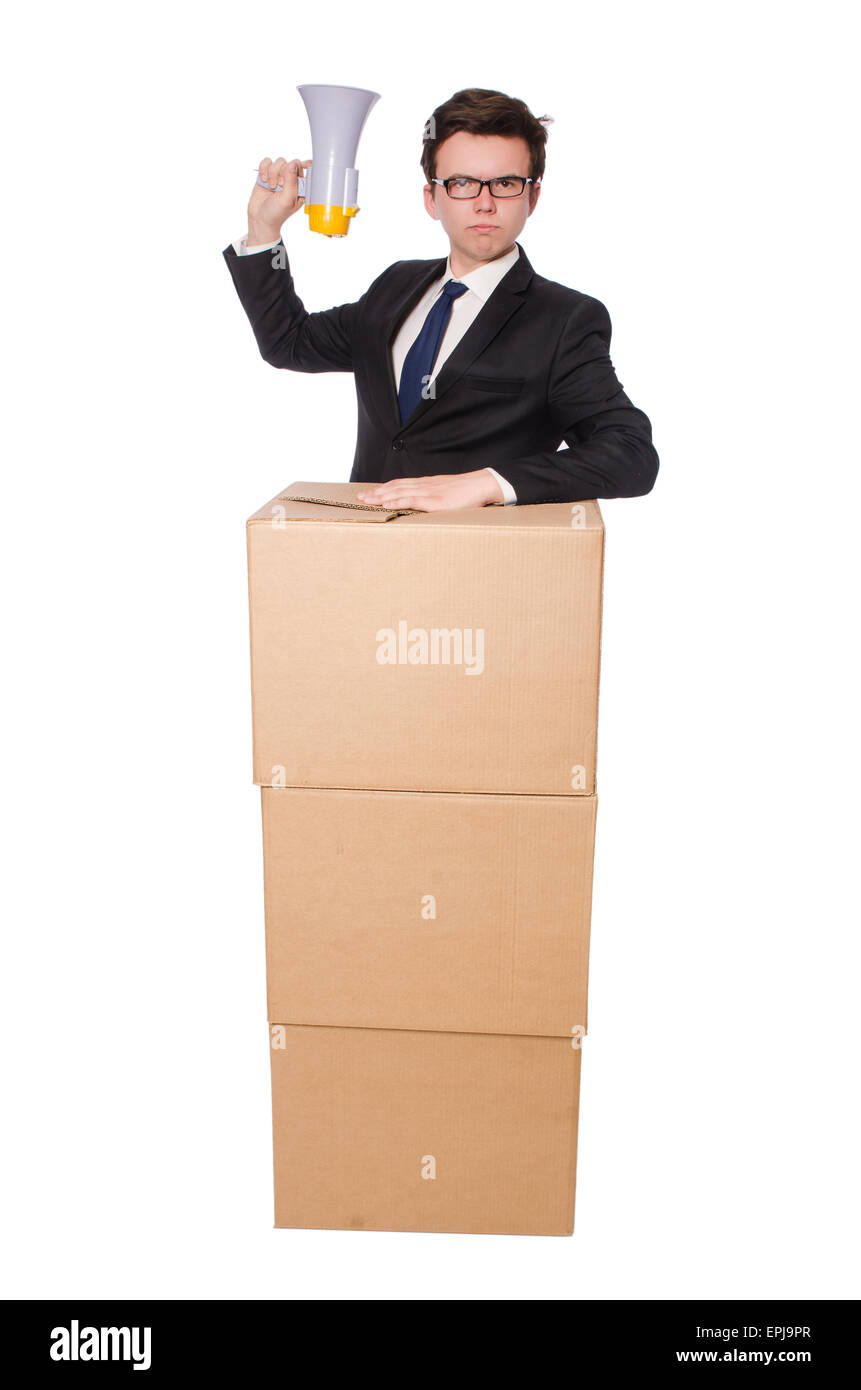 Man with loudspeaker in the box Stock Photo - Alamy