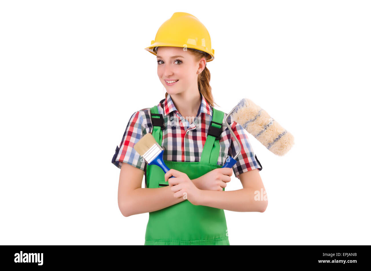 Funny woman painter in construction concept isolated on white Stock ...
