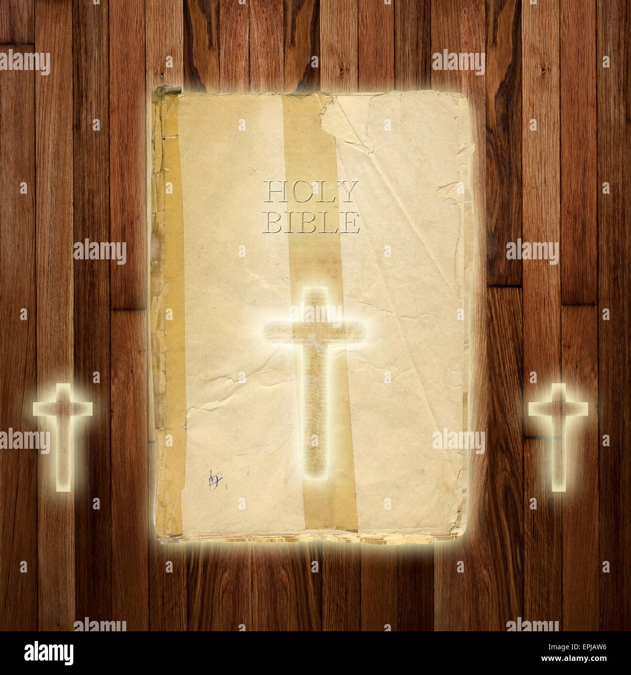 Glowing holy cross on abstract wooden background Stock Photo - Alamy
