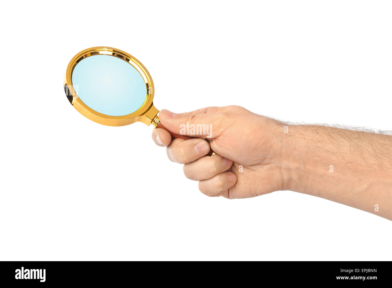 A large magnifying glass in hand isolated on white background Stock ...