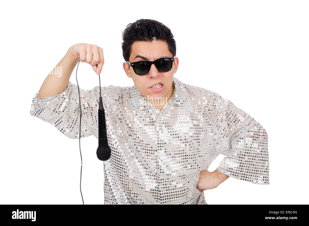 Man with mic isolated on white Stock Photo - Alamy