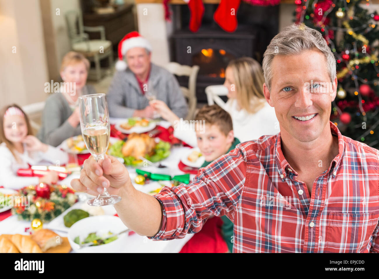 Smiling father toasting at camera in front of his family Stock Photo ...