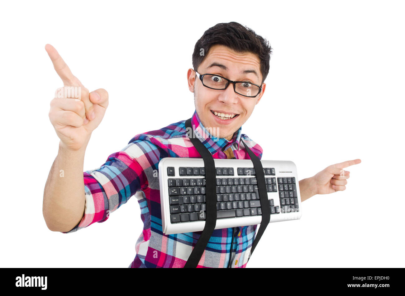 Computer nerd with keyboard isolated on white Stock Photo - Alamy