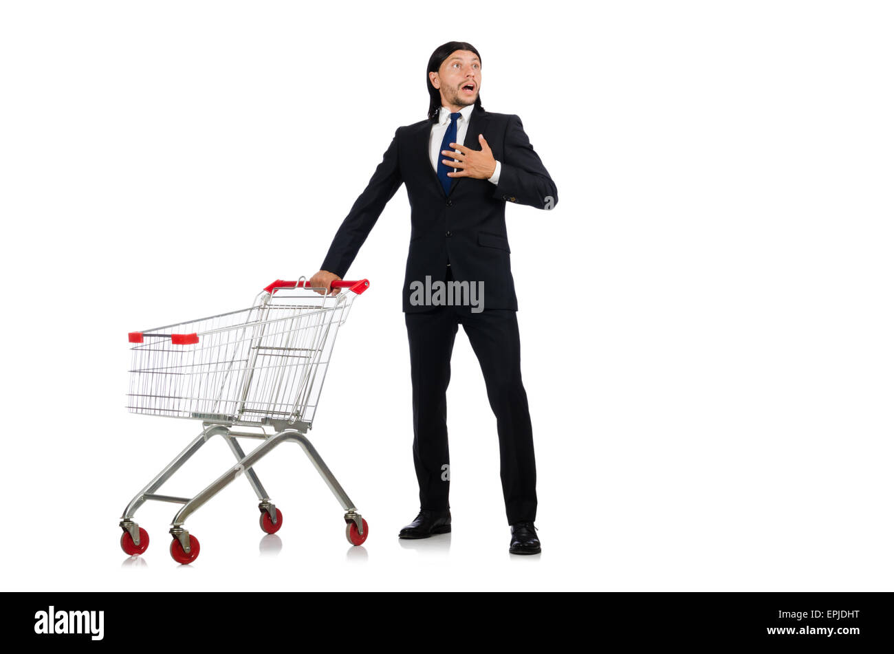 Man shopping with supermarket basket cart isolated on white Stock Photo ...