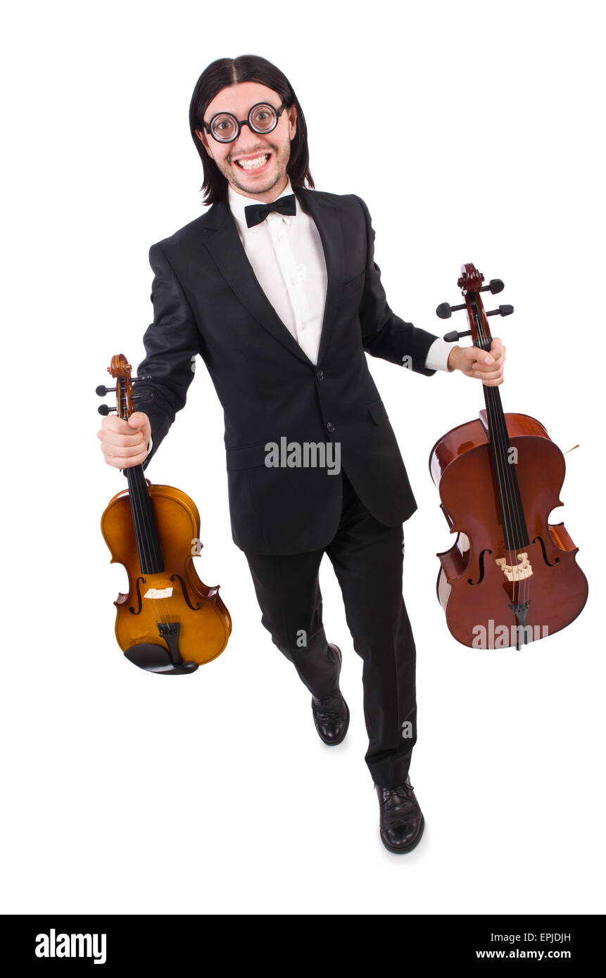 Funny man with music instrument on white Stock Photo - Alamy