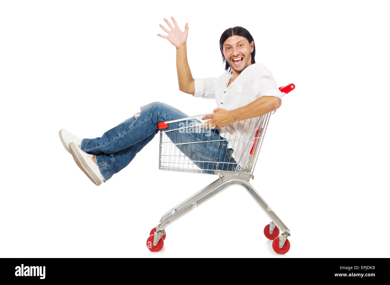 Man shopping with supermarket basket cart isolated on white Stock Photo ...