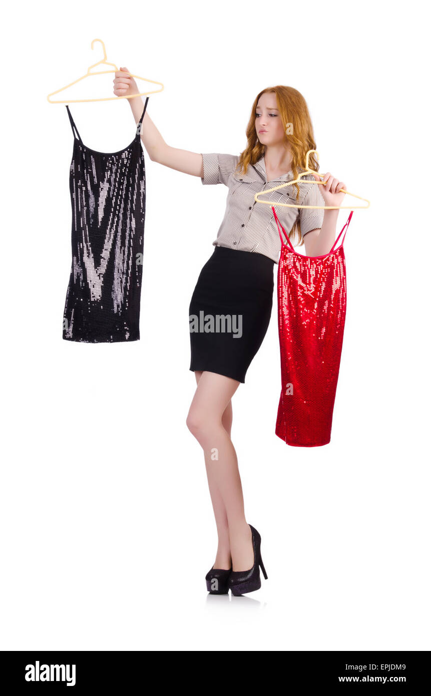 Woman choosing the dress isolated on white Stock Photo - Alamy