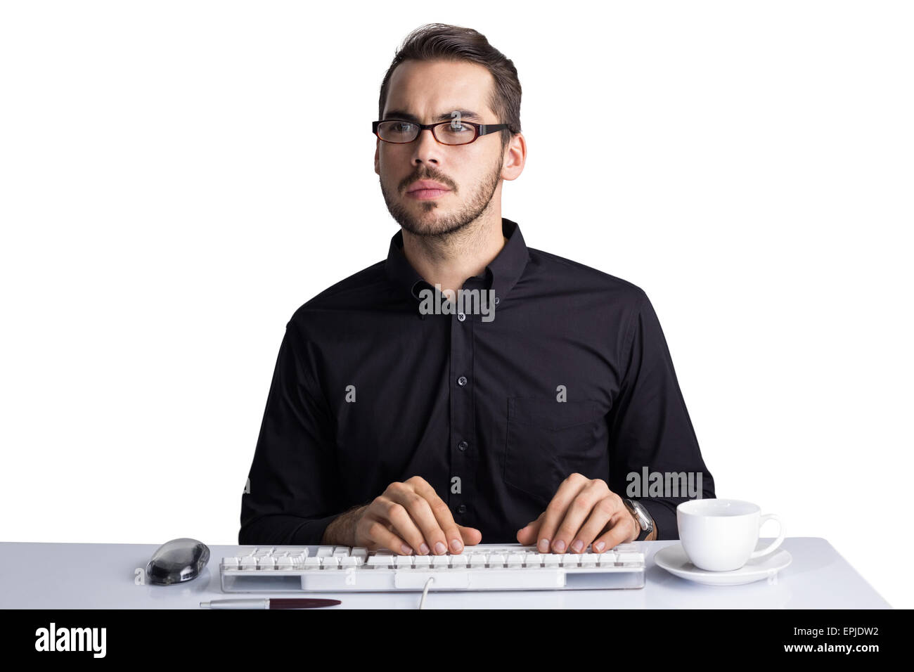 Focused businessman with glasses using computer Stock Photo - Alamy